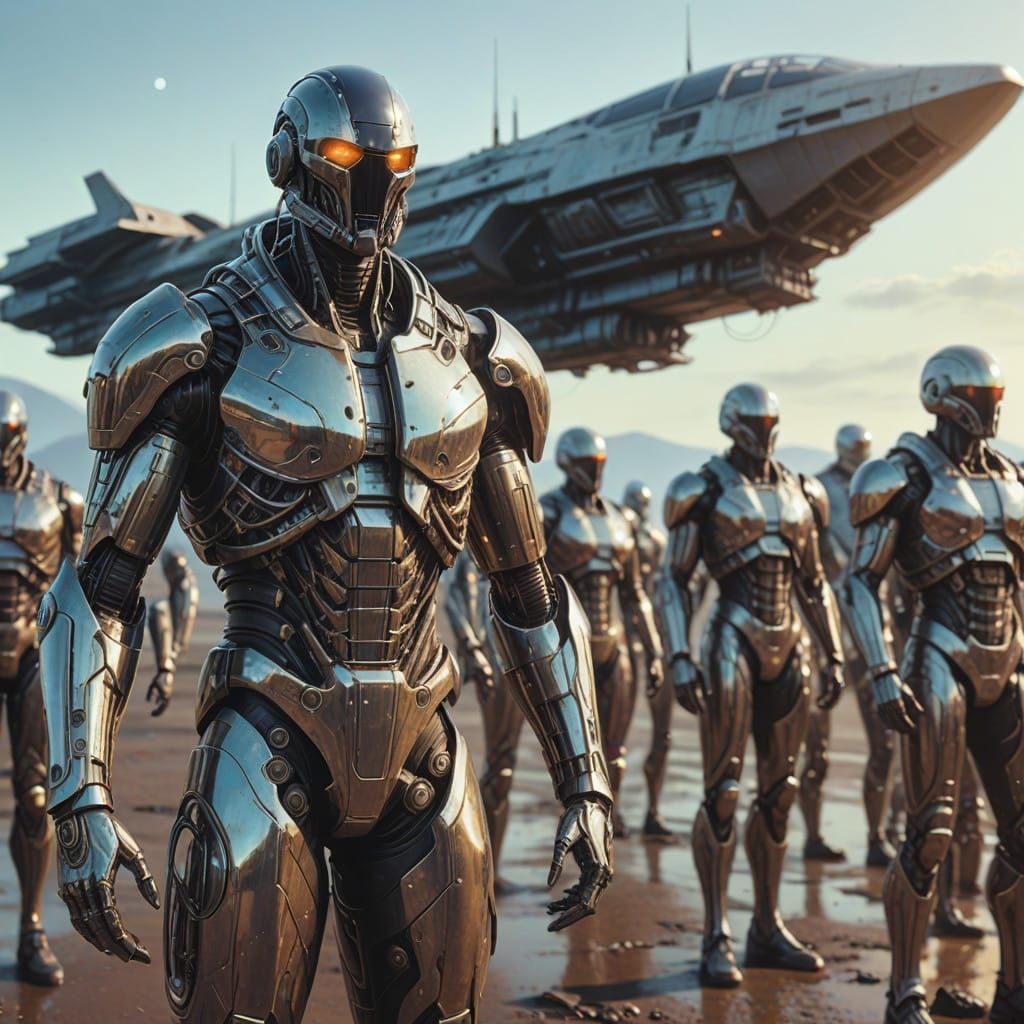 A advanced army with metallic titanium iridescent armor the spaceships ...