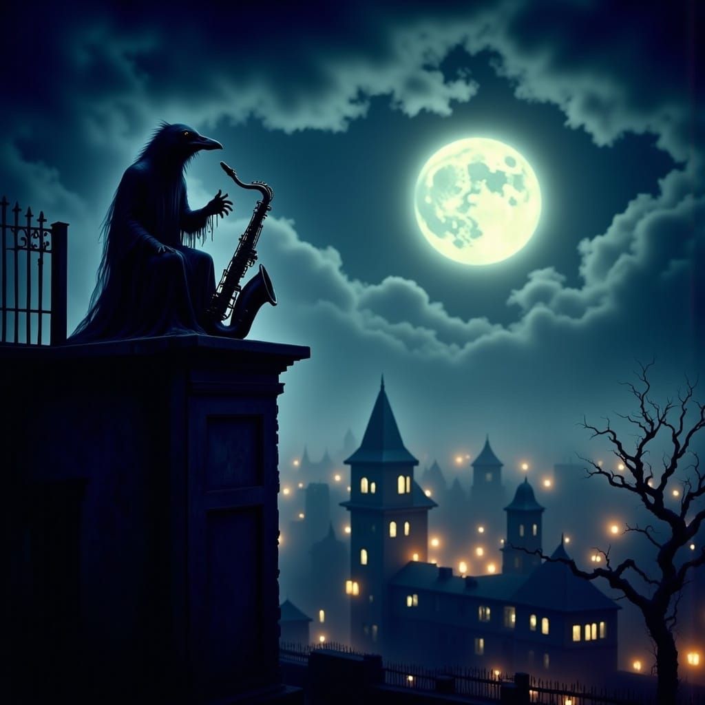 Surreal Night Scene with Full Moon and Crow Saxoph... - AI Art