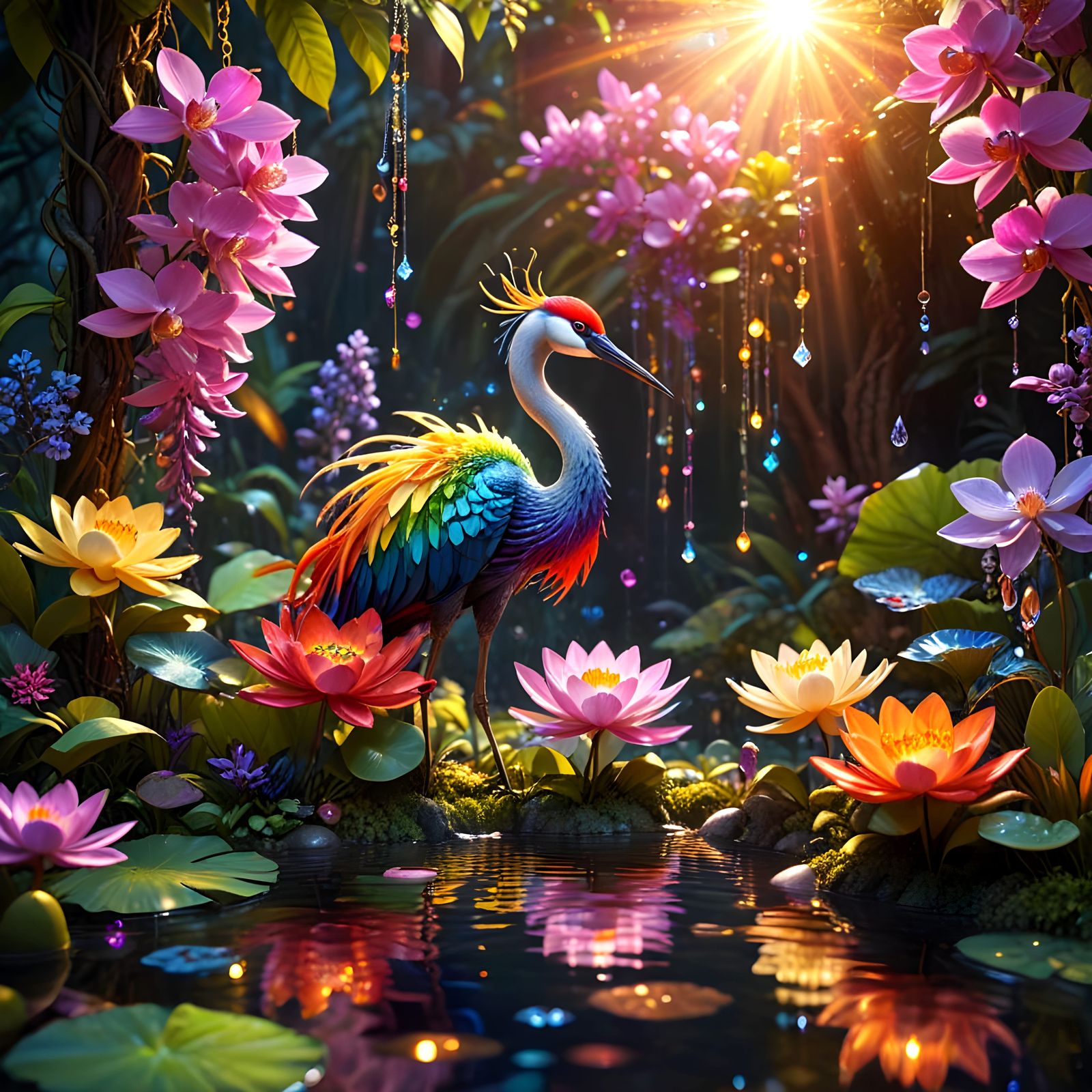 Vibrant elegance - Regal Rainbow Crane in Paradise