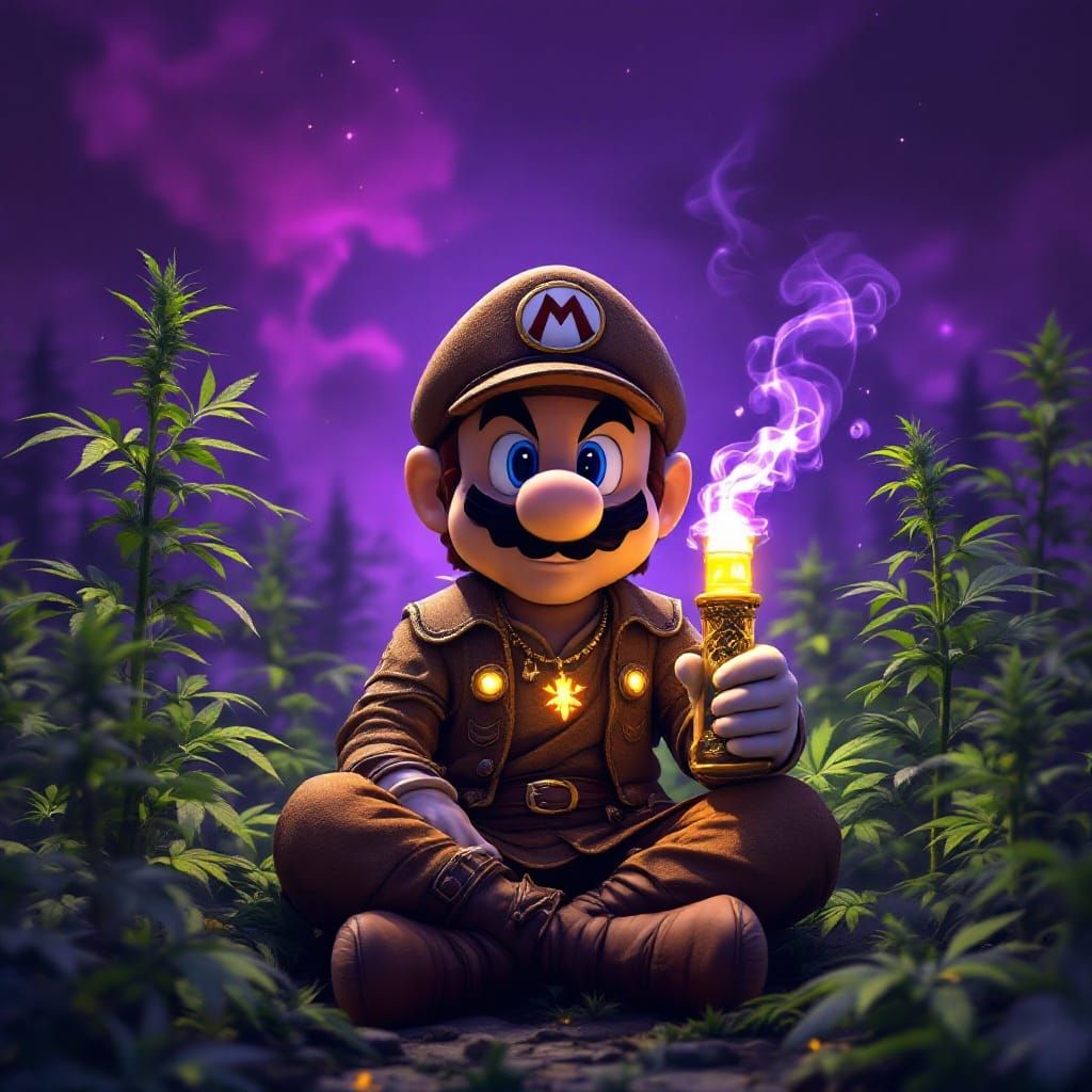 Mario in a Dark Fantasy Weed Field Scene - AI Art