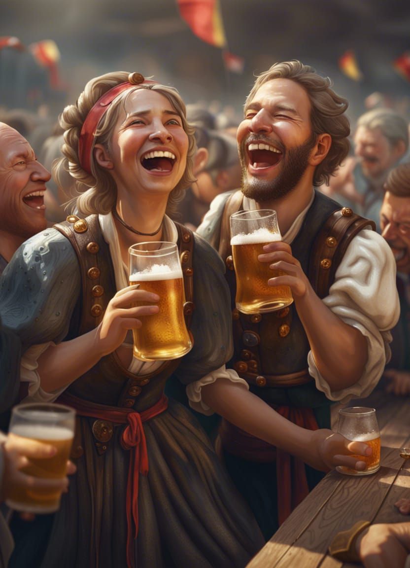 Laughing people celebrating at a German beer fest, wearing traditional ...