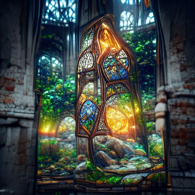 Beautiful ethereal mystical stained glass window; beautifully lit ...