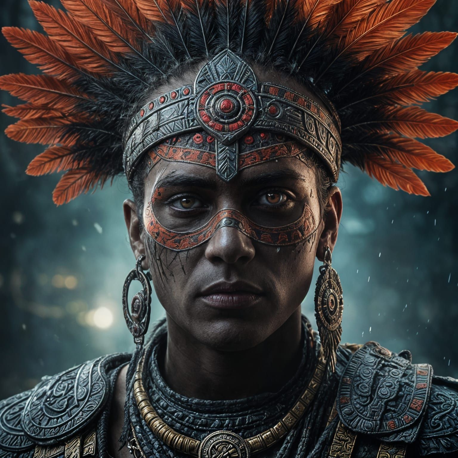 A highly detailed and realistic portrait of an ancient Aztec warrior ...