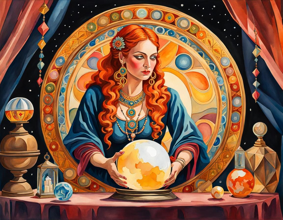 A ginger gypsy woman, sitting in front of a table, a crystal ball in ...