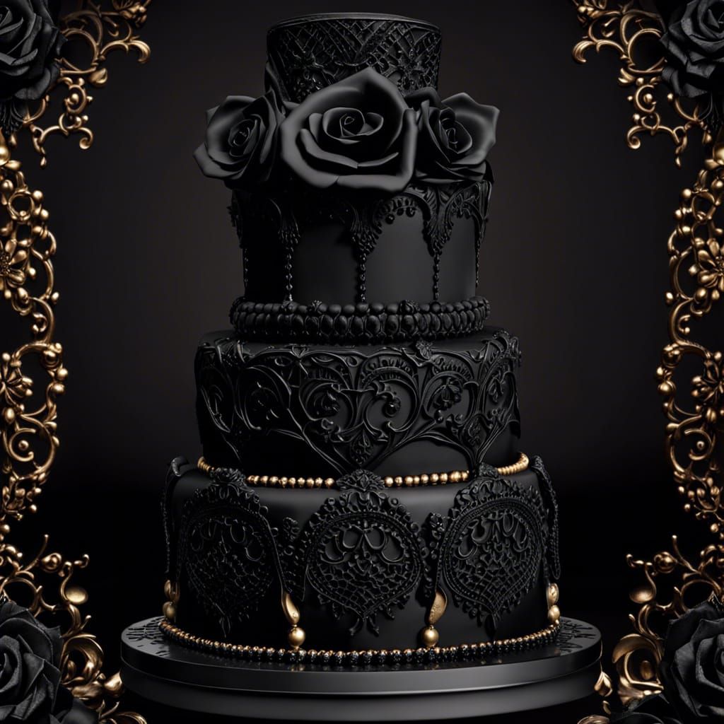 an ornate elaborate 3 tier goth wedding cake with ornate black icing ...
