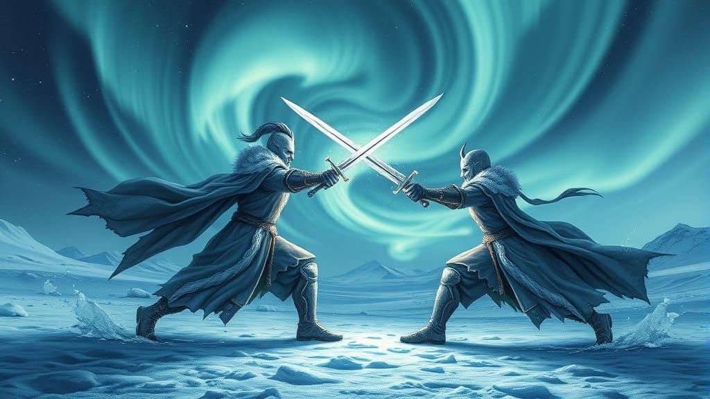 Swords Clash Beneath Swirling Aurora - AI Art