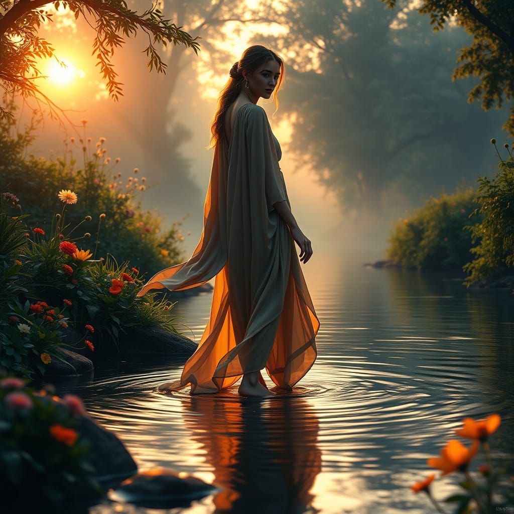 Elegant Woman in Flowing Robe at Sunset River Oasi... - AI Art