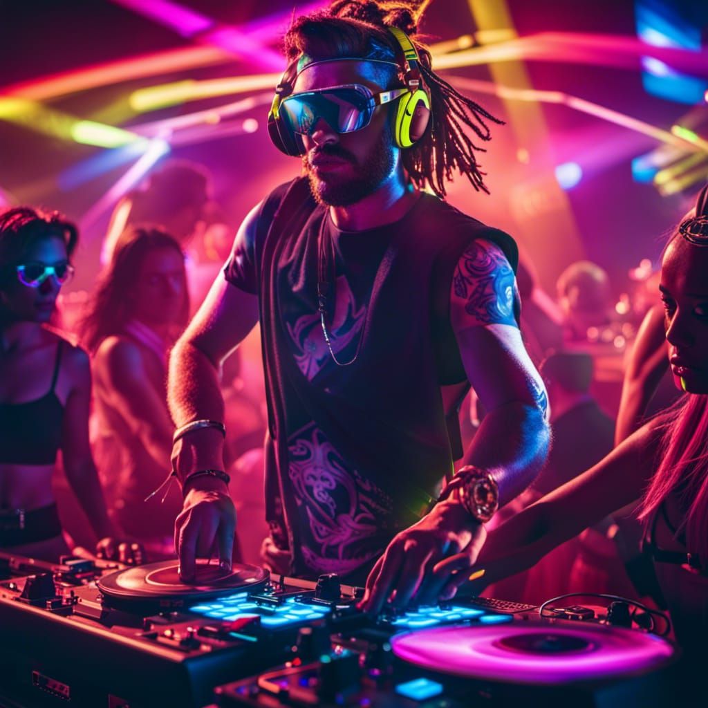 DJ at the Rave with dancing girls and glow sticks - AI Generated ...
