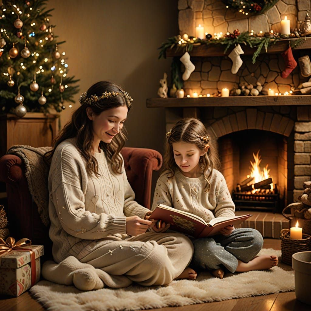 Magical Christmas Scene with Cozy Family and Firep... - AI Art