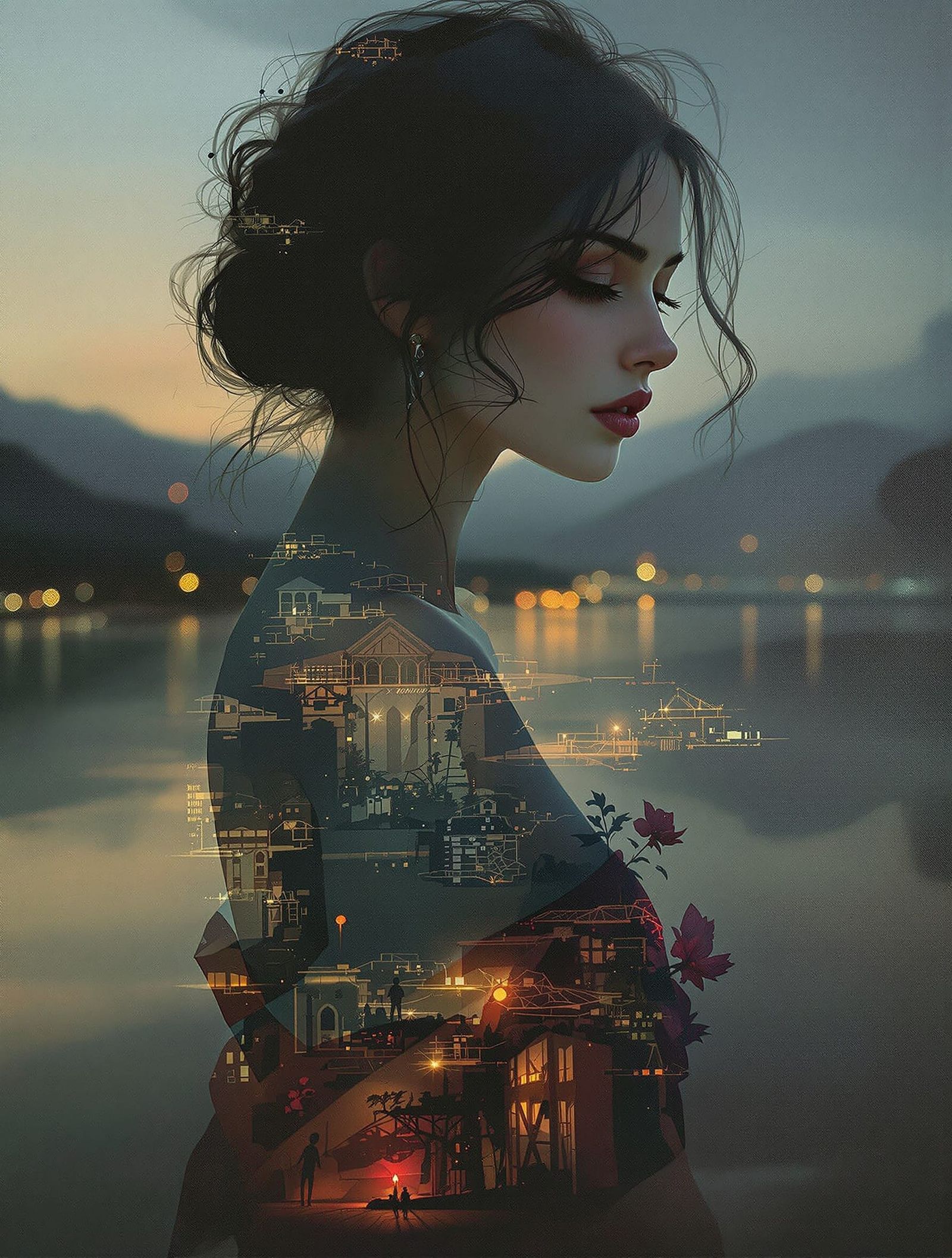 Double expose: river night landscape and Hyperdetailed sensual oil ...