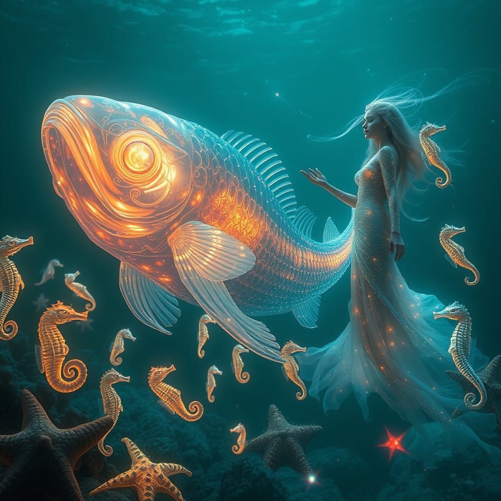Glowing Giant Alien Fish Dances in Oceanic Abyss - AI Art