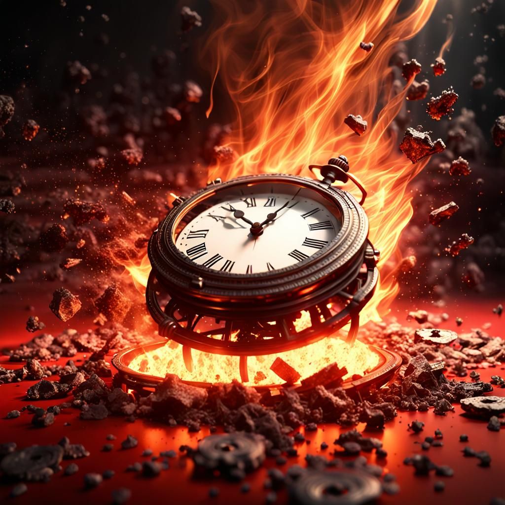 photorealistic final render of clock disintegrated in time ckashes onto ...