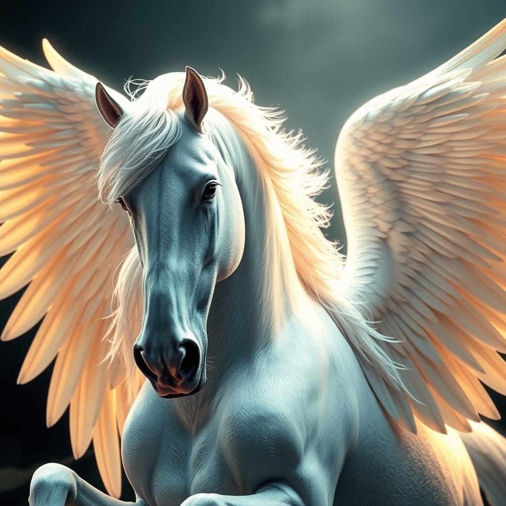 winged white Horse - Majestic Winged White Steed in Art Nou...