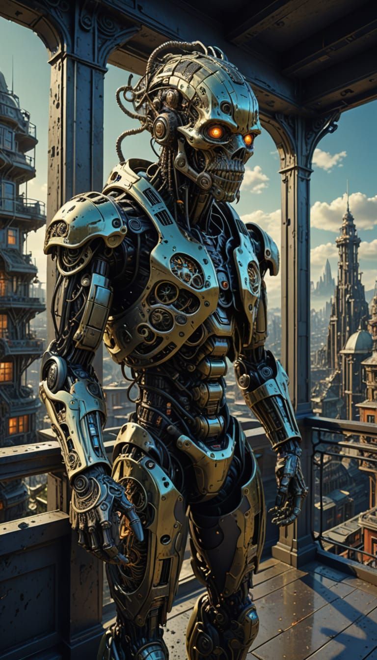 Biomechanical Cyborg Portrait in Surreal Landscape - AI Art