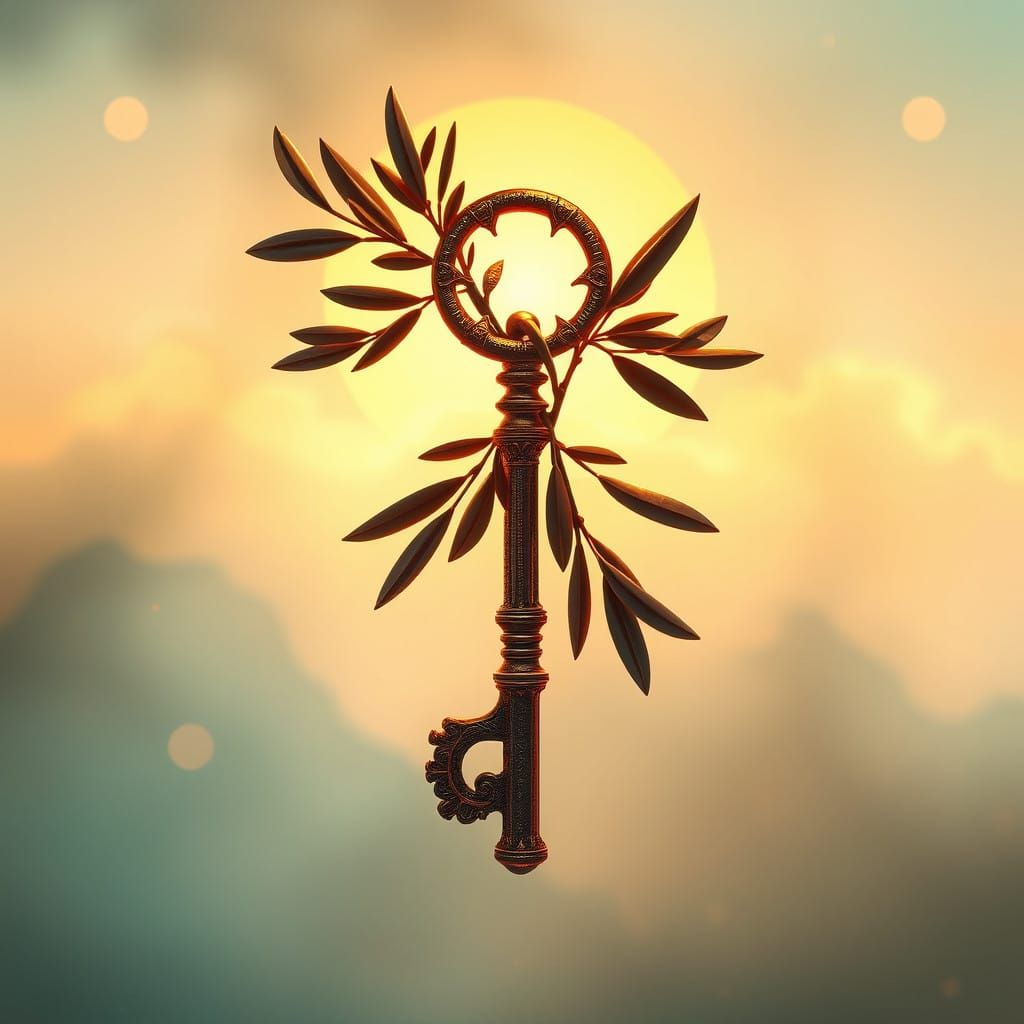 stylized key intertwined with olive branch
