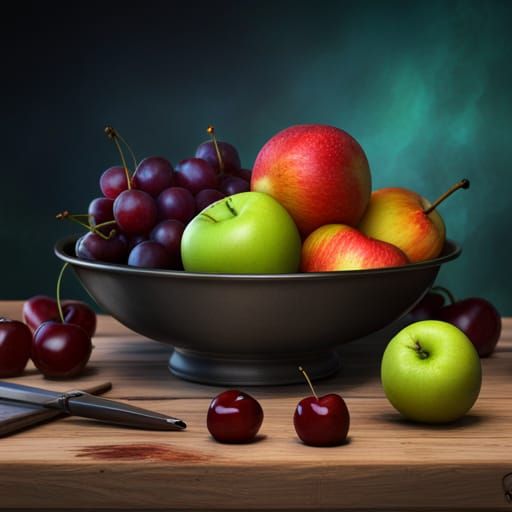 still life, fruit bowl with apples, grapes, cherries - AI Generated ...