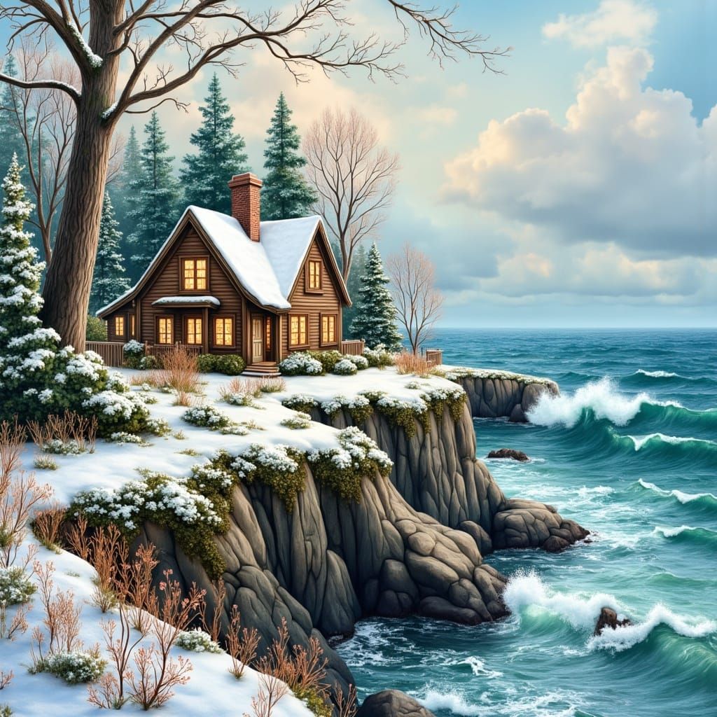 vibrant winter scene with a joyful house situated on a cliff ...