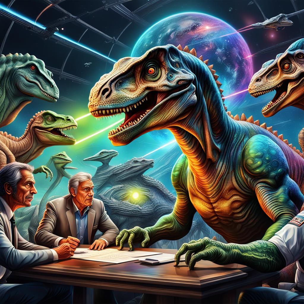 dinosaurs sitting in business meeting with aliens from the planet ...
