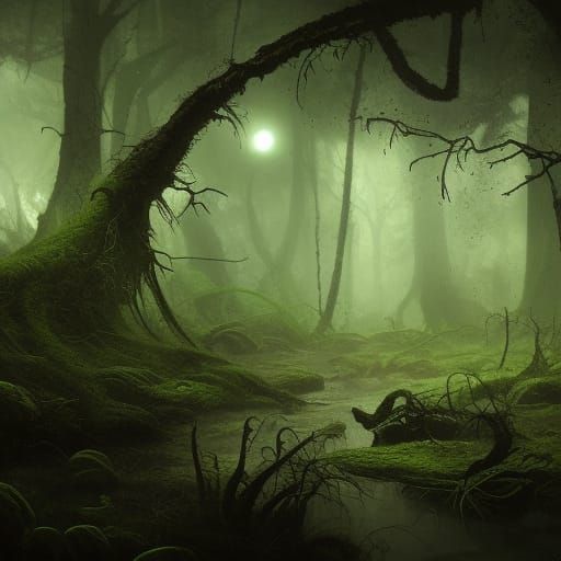 Alien forest full of planet life, insects, nightfall, two moons, swamp ...