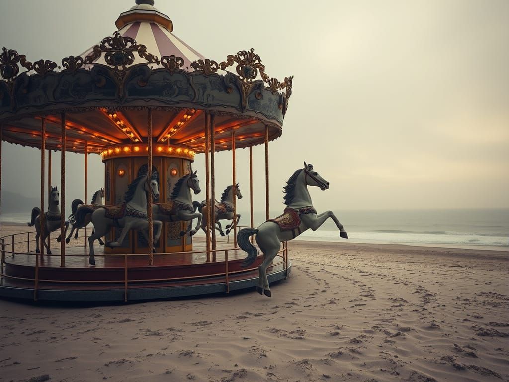a surreal carousel - Mysterious Steampunk Carousel on a Fog...