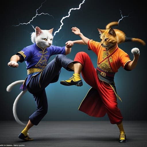 Cats Engage in High-Speed Kung Fu Combat - AI Art