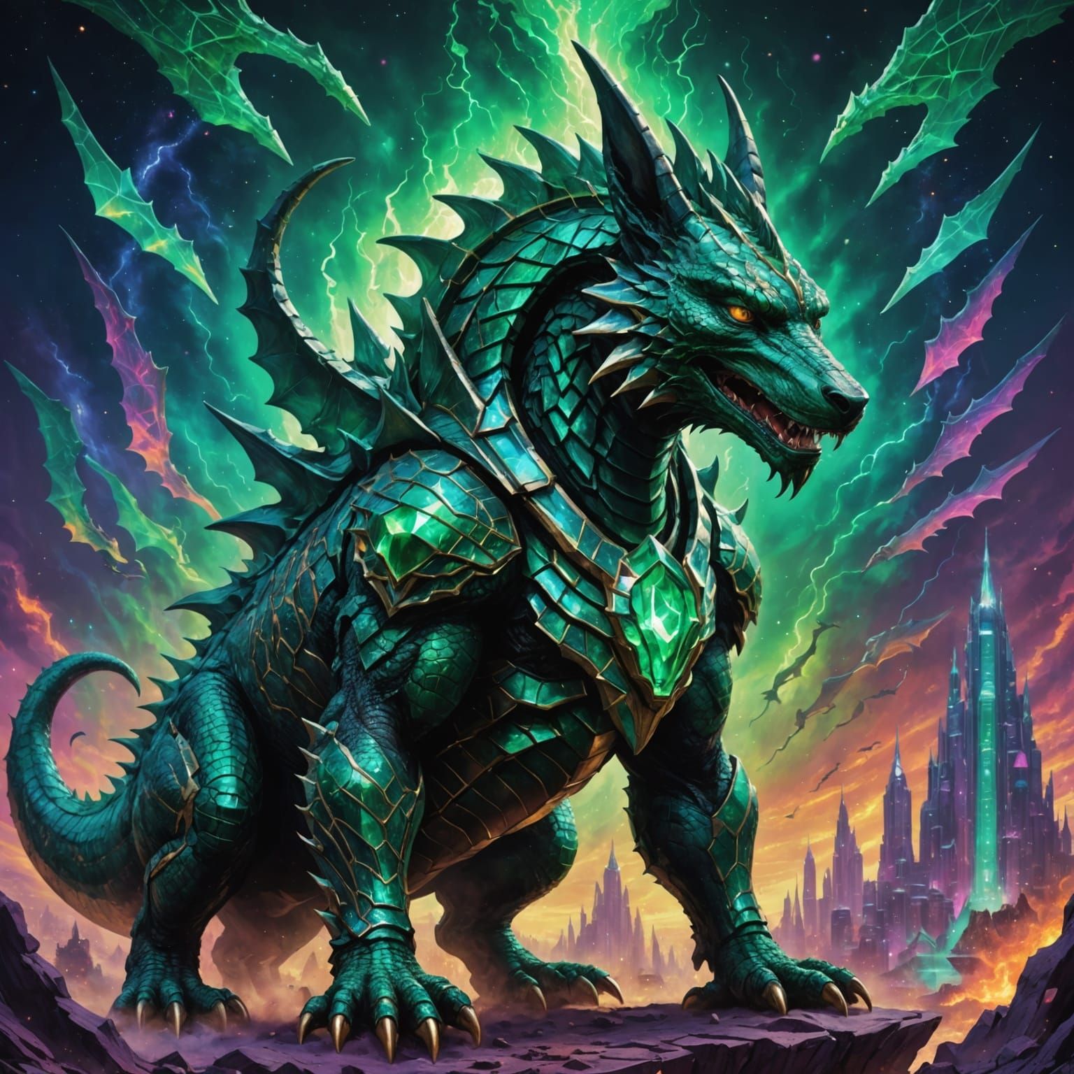 Emerald Anubis Dragon Godzilla in Cosmic Holograph... - AI Art