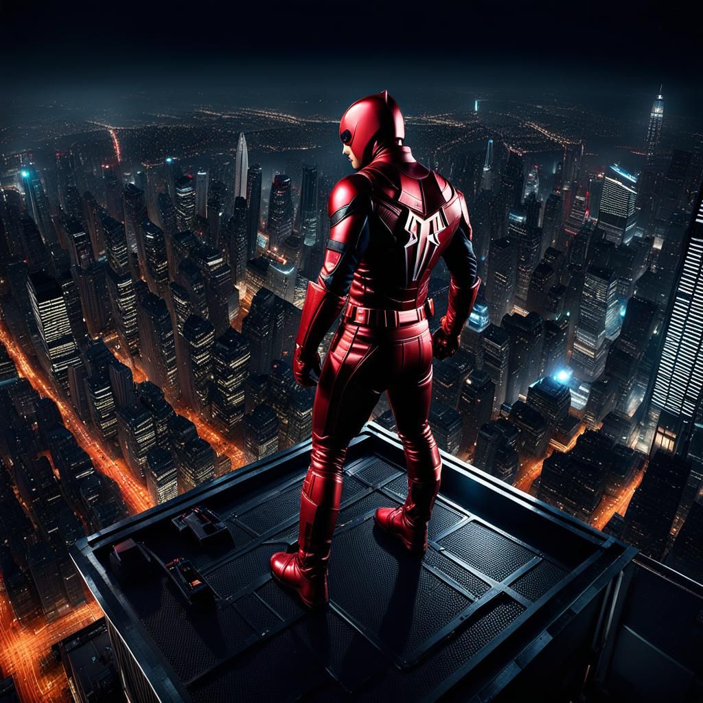 Daredevil, looking down at city, from edge of rooftop, at night - AI ...
