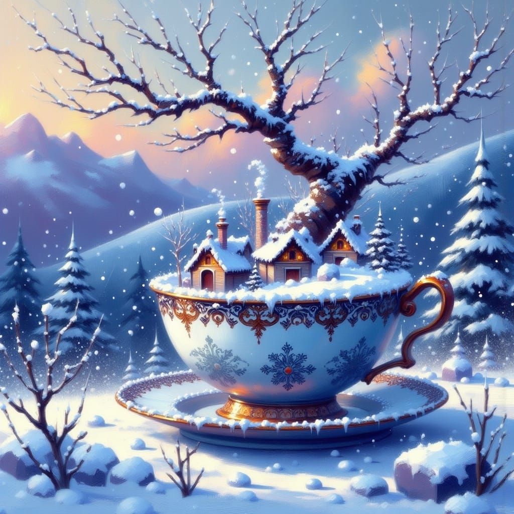 Winter tea cup - Serene Winter Scene in Impressionist Style...