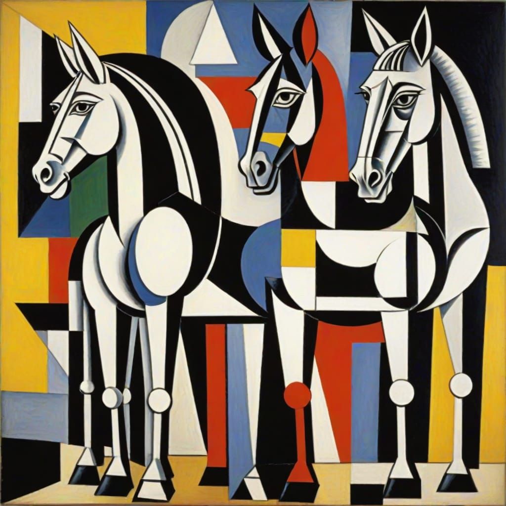 Two horses and a donkey - Geometric Cubist Horses in Black,