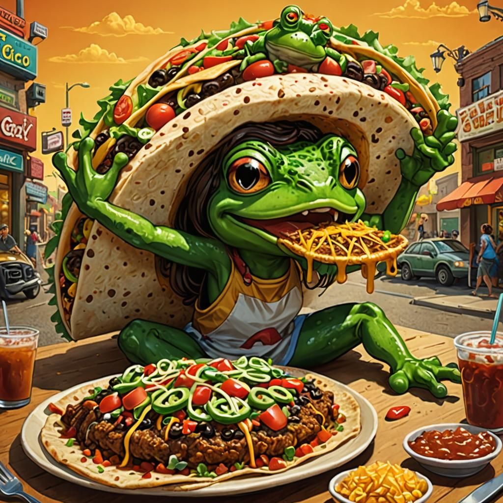 Frog girl eating giant taco, Flickr - AI Generated Artwork - NightCafe ...