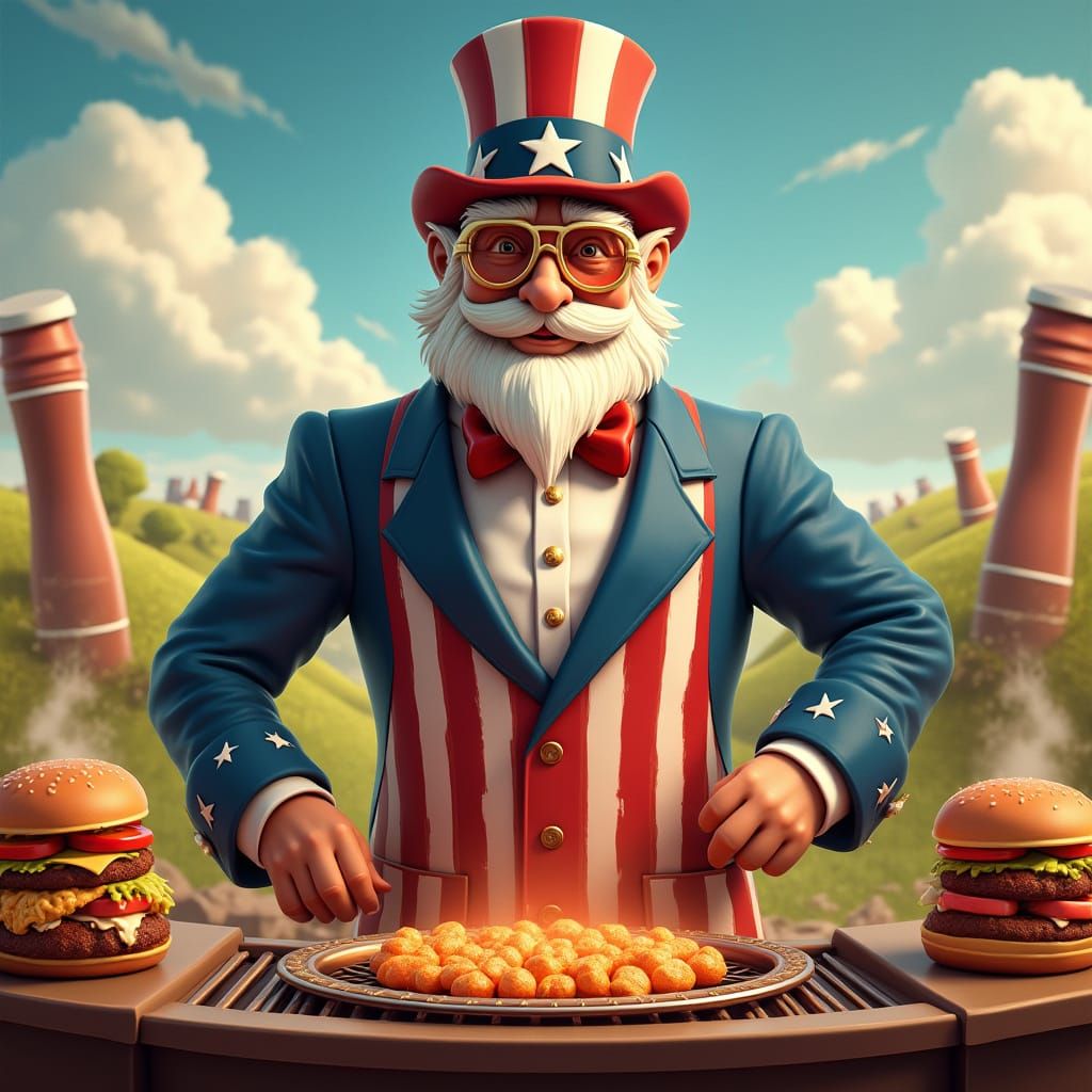 Uncle Sam wearing aviator sunglasses grilling