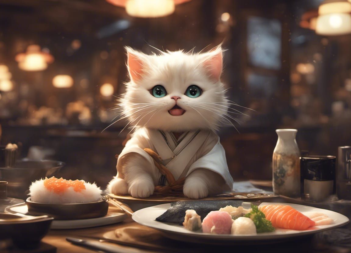 Happy cat eating sushi - AI Generated Artwork - NightCafe Creator