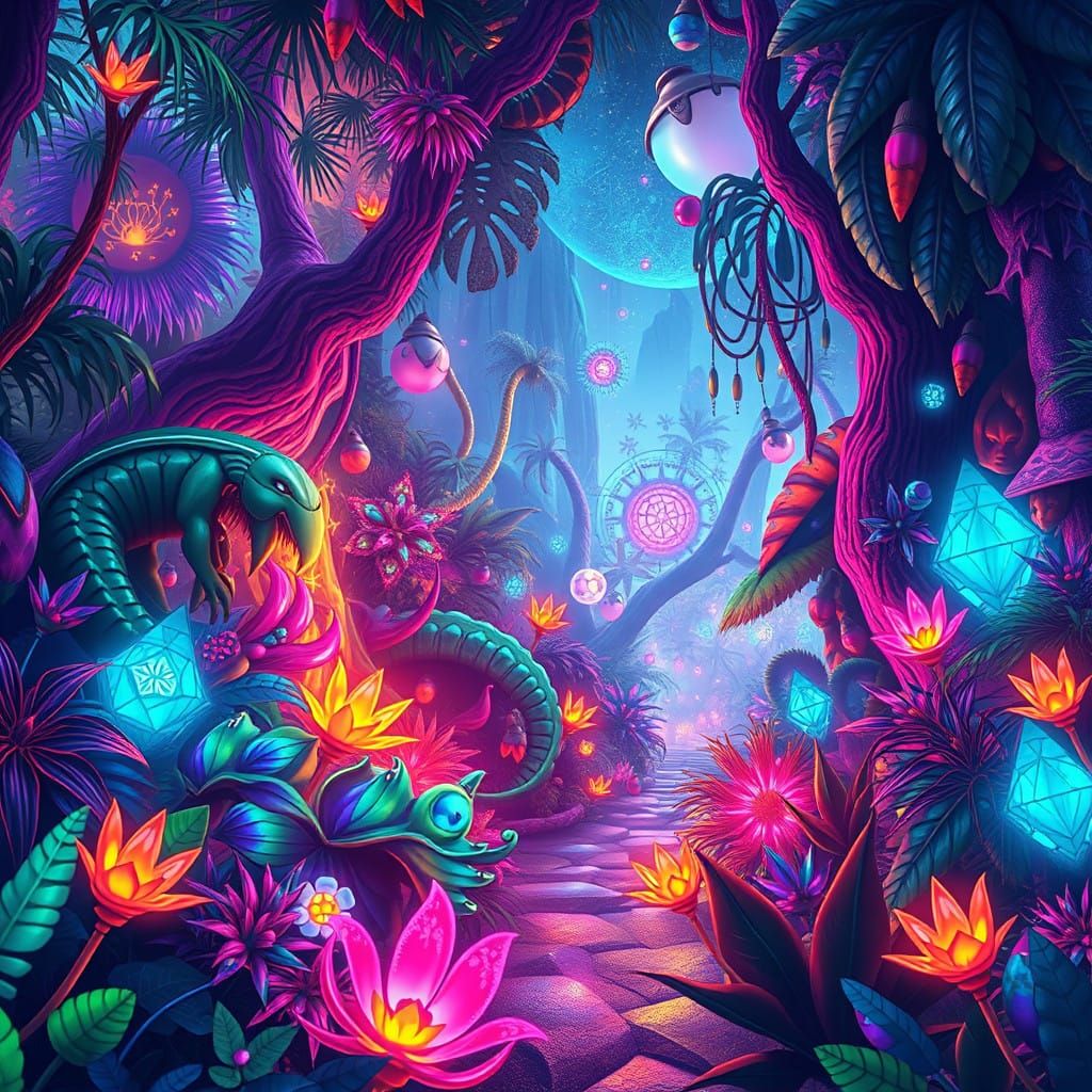 Vibrant Alien Jungle with Sacred Geometry Patterns - AI Art