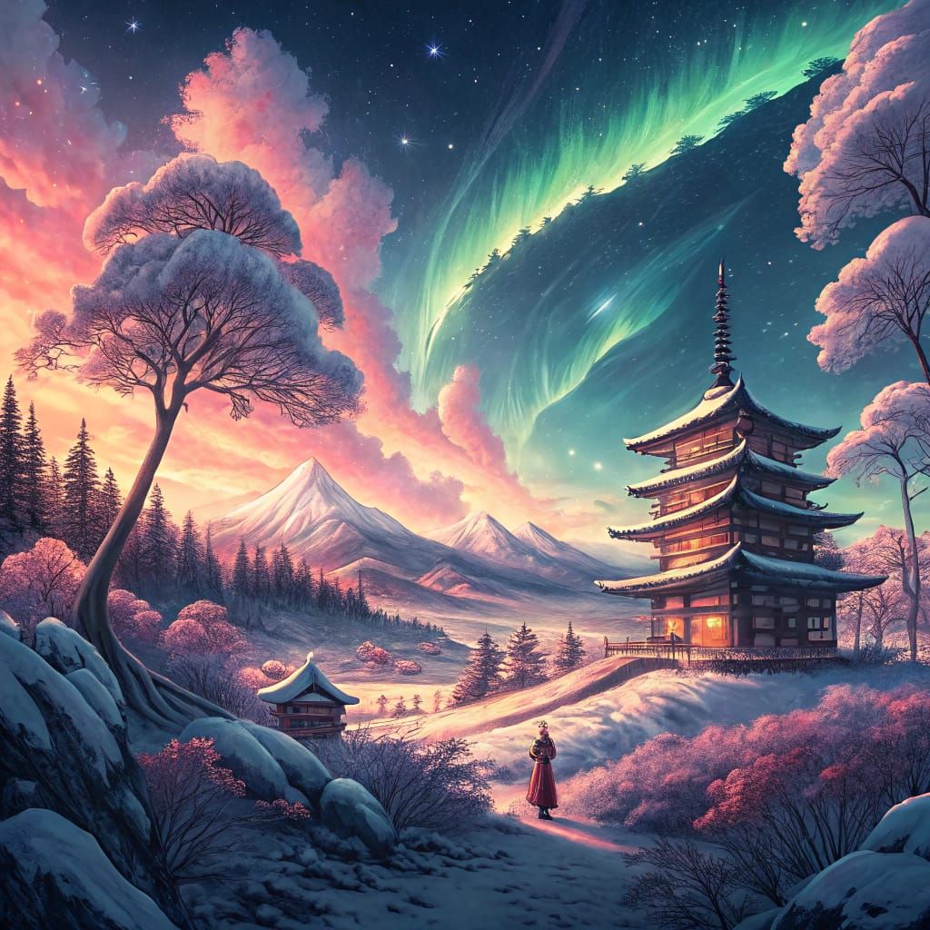 Surreal Fantasy Japan Erupts in Vibrant Aurora-lit... - AI Art