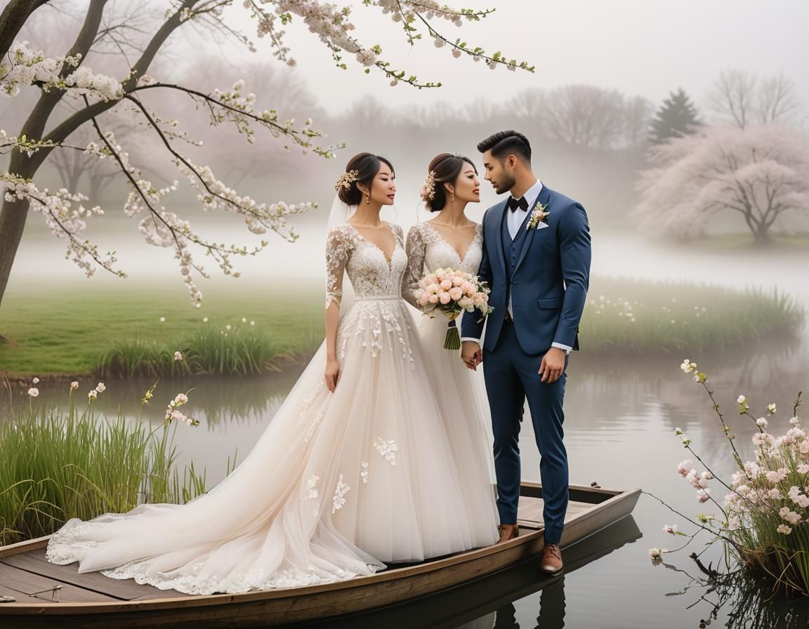 Aesthetic photoshoot of a bride and a groom in a delicate lace wedding ...