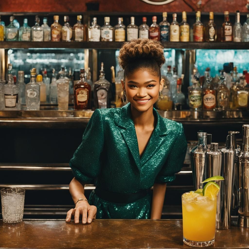 Actress Zendaya standing behind the bar of A cocktail bar getting ready ...