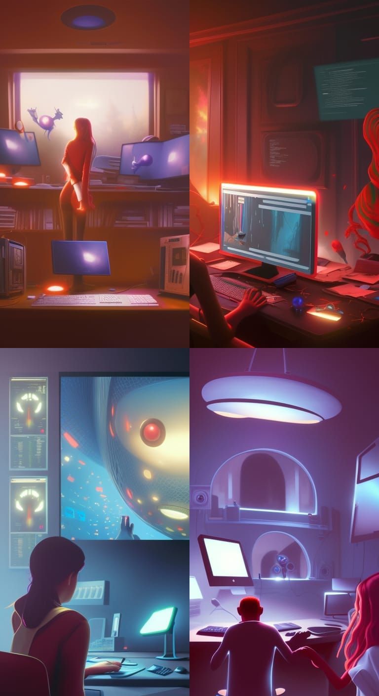 Teenager with a computer monitor with imaginative and trippy elements ...