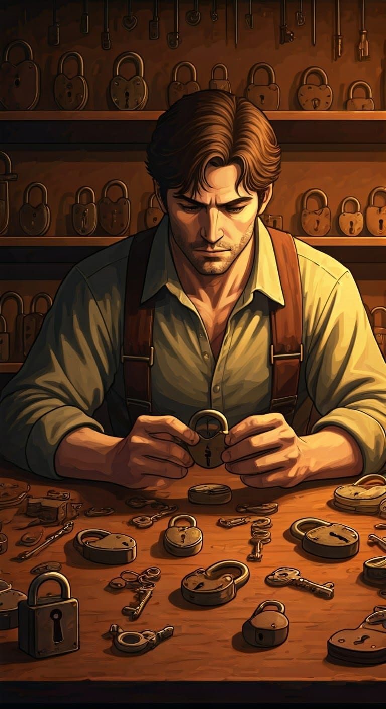 Mysterious Locksmith at Work in Candlelit Lair - AI Art