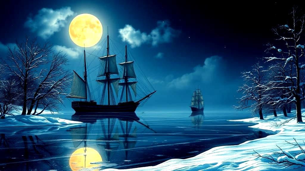 A Frozen Bay With Moored Sailing Ships