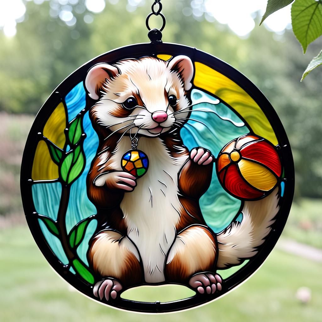stained glass cute baby ferret playing with toy - AI Generated Artwork ...