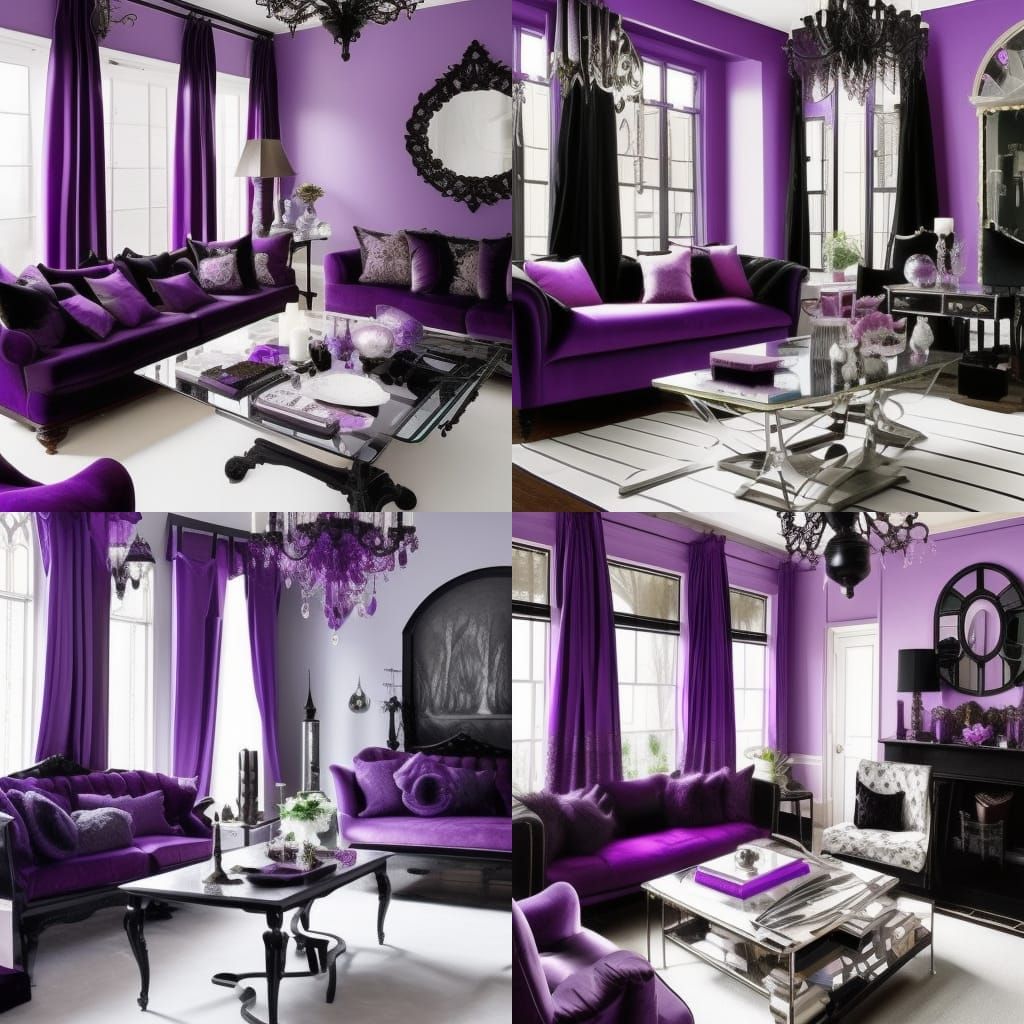 Ethereal gothic living room with black walls& black gothic windows with ...