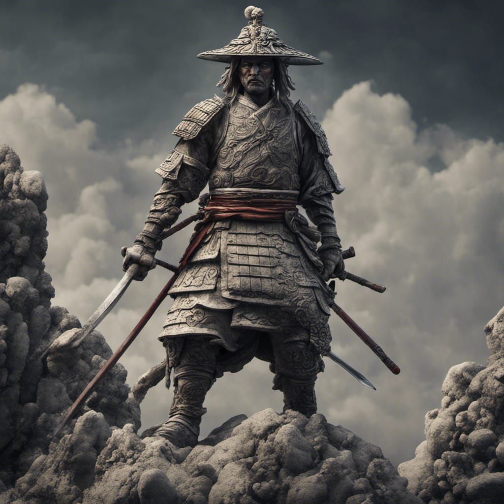 High detailed stone carved statue of a samurai warrior post apocaliptic ...