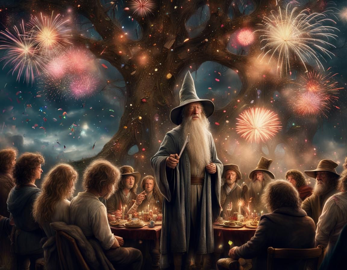 Gandalf and the Hobbits at the Party Tree in Hobbiton, v2 - AI ...