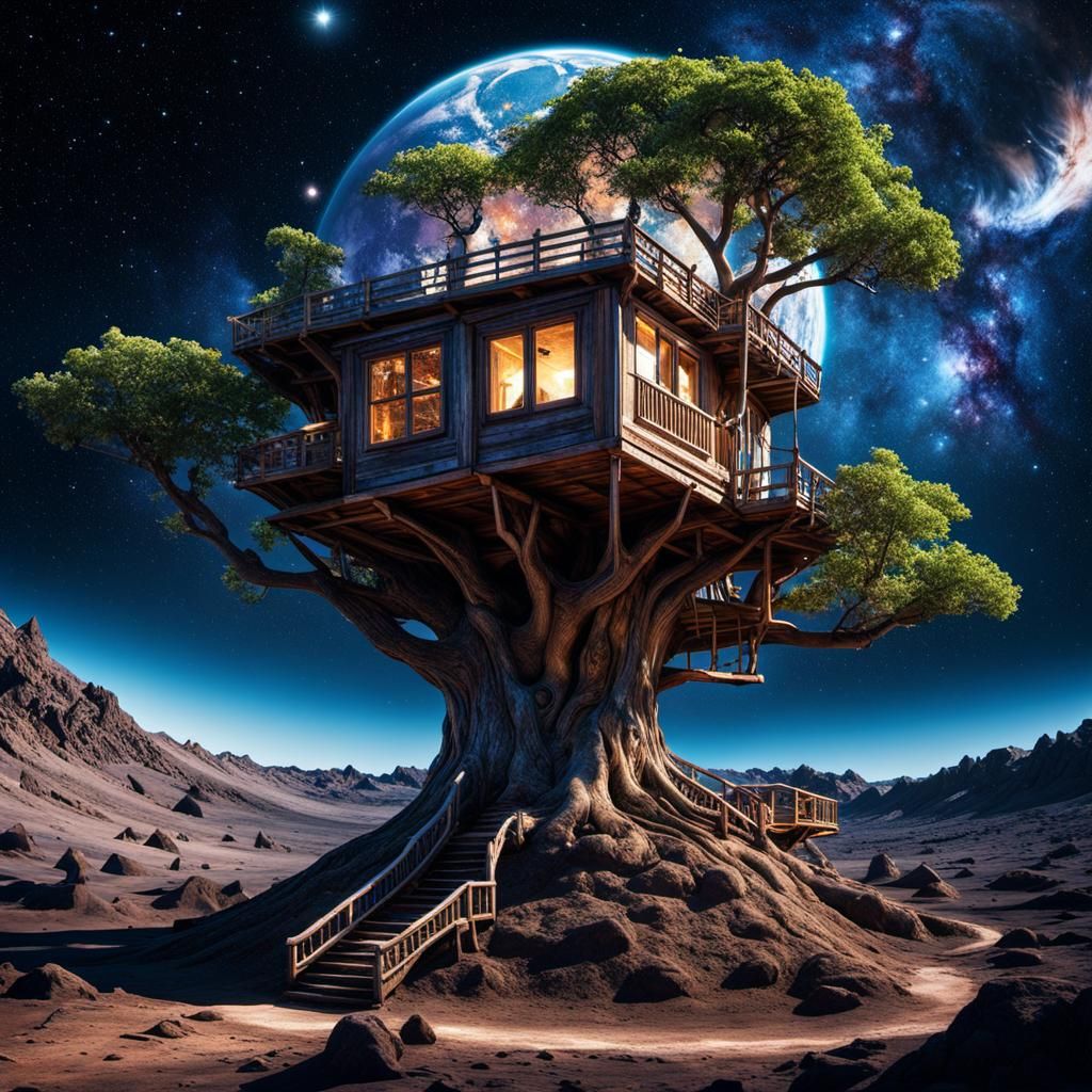 Treehouse on the moon - AI Generated Artwork - NightCafe Creator