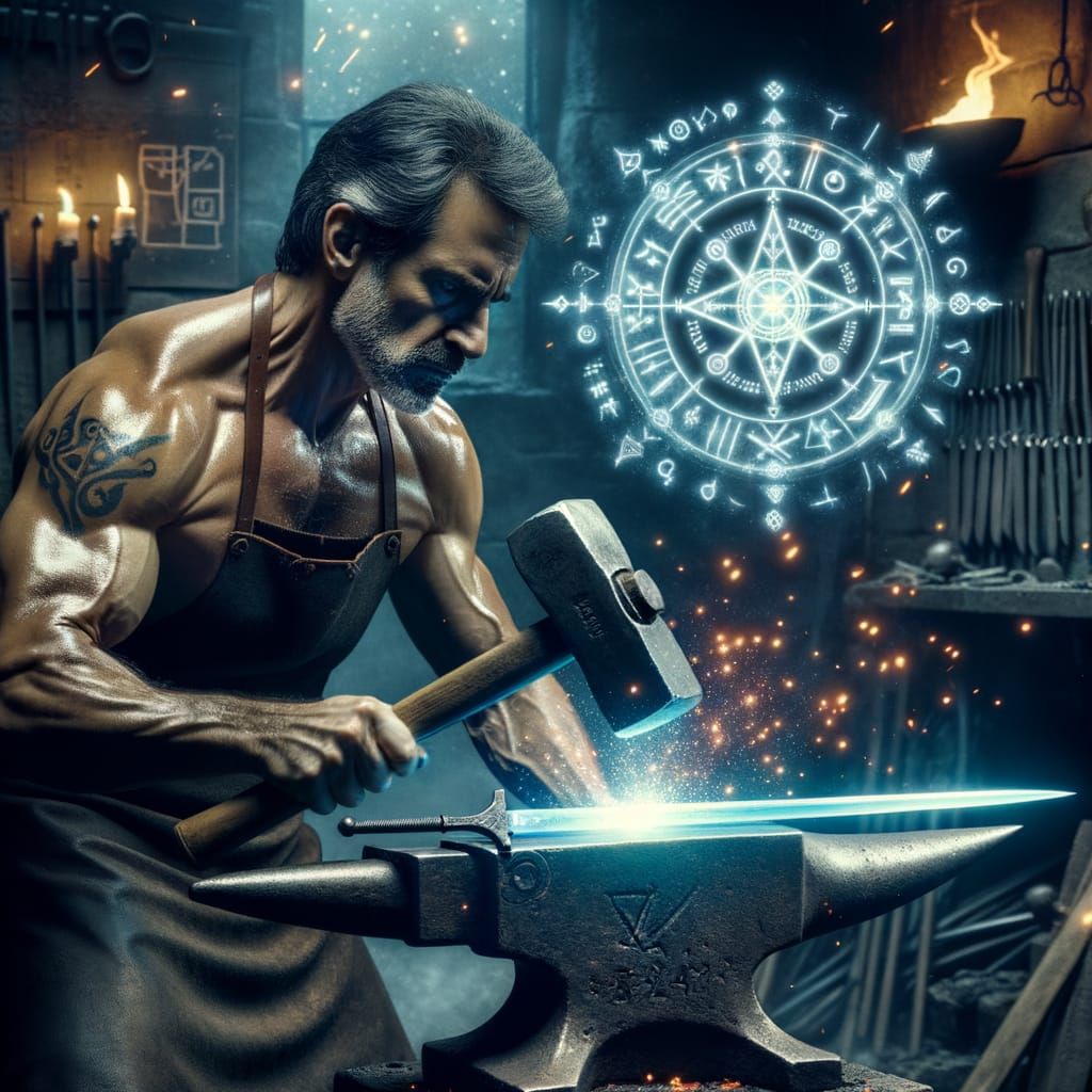 Ancient Artisan Crafts Mythical Blade in Mysteriou... - AI Art