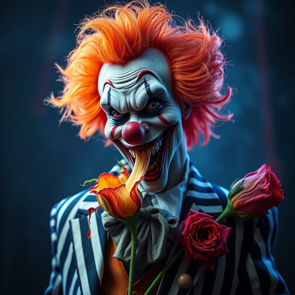 Mad Clown Eating Flower - Eerie Clown Feasts on Twisted Flow...