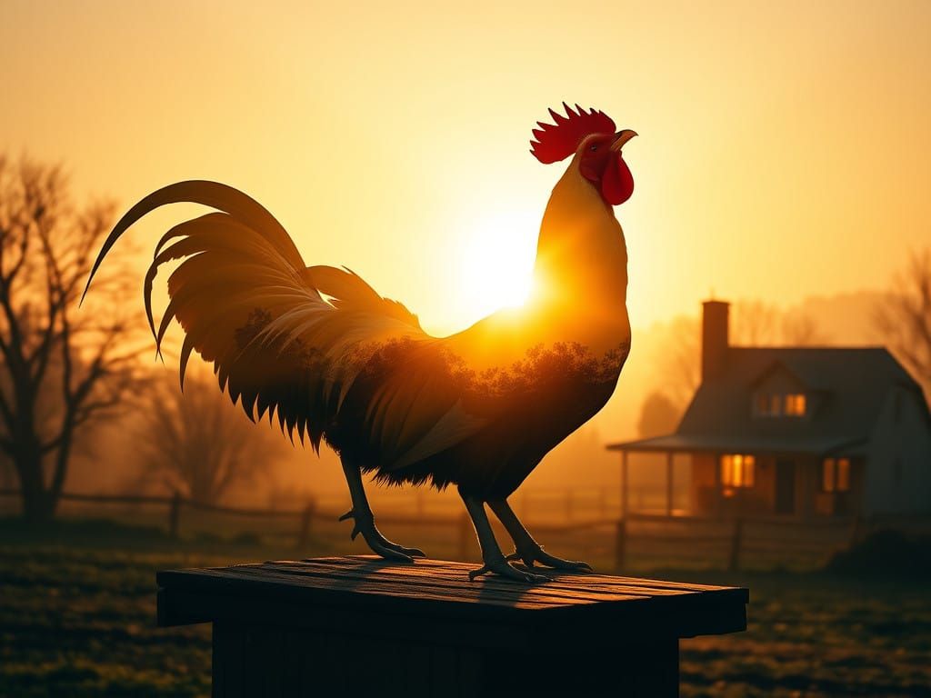 Majestic Cockerel in Morning Sun, Double Exposure ... - AI Art
