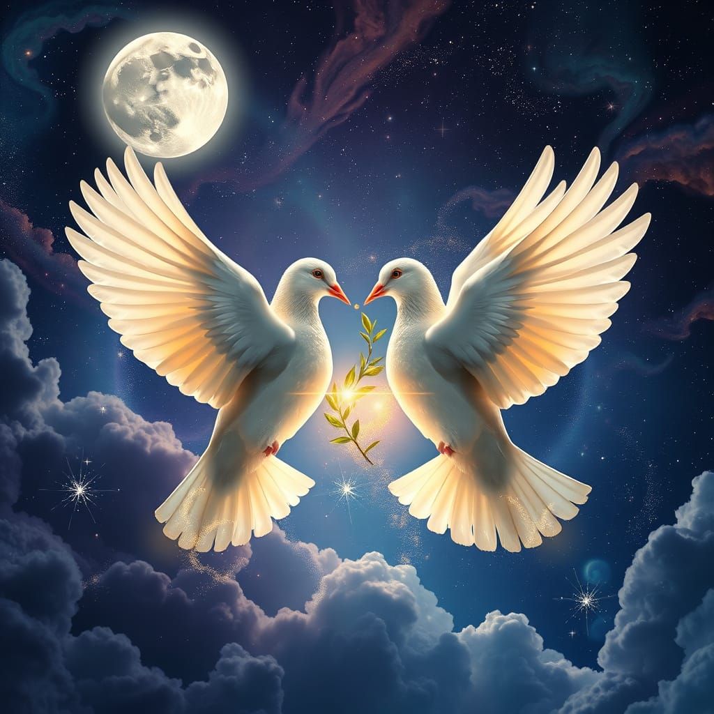 "Two doves intertwining their wings to create the shape of a heart."