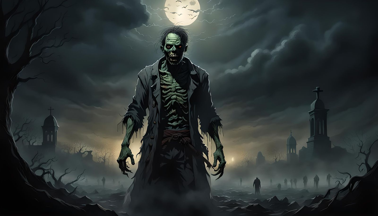 Scary zombie man posing against dark misty background - AI Generated ...