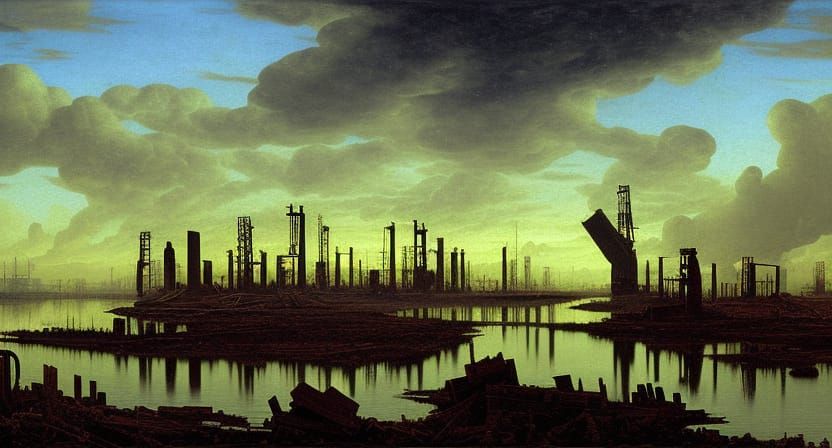 Desolate Industrial Shipyard Painting in Dark Roma... - AI Art